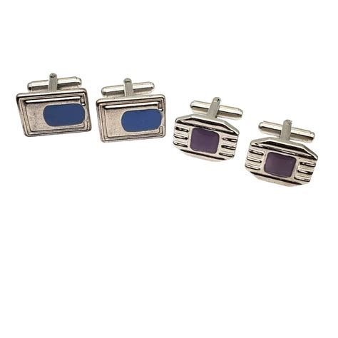 Blue And Purple Enameled Cufflinks Silver Tone Ribbed Cuff Links Vintage