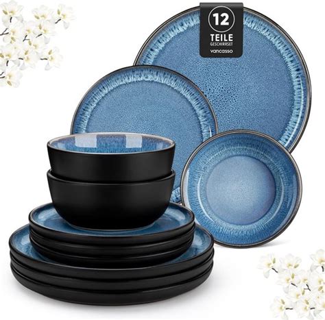 Servies Set Voor 4 Personen 12 Delig Aardewerk Borden En Kommen Blauw