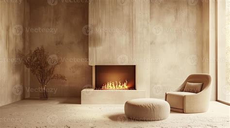 A Modern Fireplace In A Room With A Chair And Ottoman 53607638 Stock