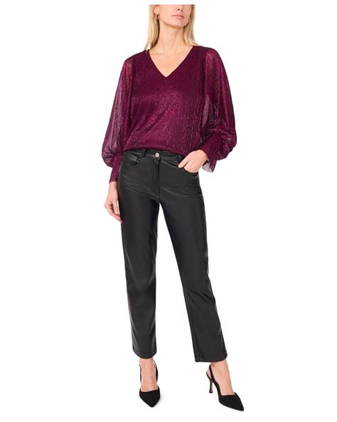 Vince Camuto Metallic V Neck Sheer Sleeve Top In Purple Lyst