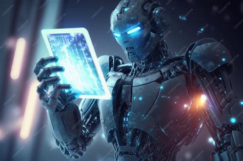 Premium Ai Image Ai Robot Working Using Tablet Futuristic Humanoid Worker Generative Ai