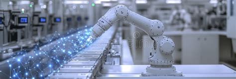 Robotic Arm With Blue Neural Network In Factory Stock Illustration