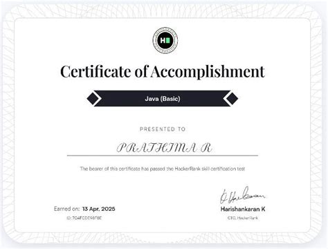 Java Programming Certification Coding Techskills Hackerrank… Prathima R