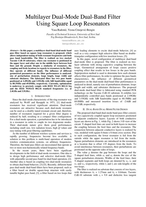 Pdf Multilayer Dual Mode Dual Band Filter Using Square Loop Resonators