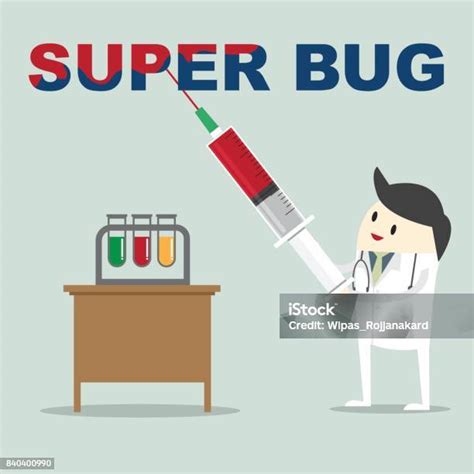 다양 한 박테리아와 주사기 만화 벡터 일러스트 레이 션과 Superbugs 단어 건강관리와 의술에 대한 스톡 벡터 아트 및 기타