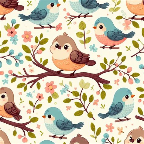 Premium Psd Cute Bird On Colorful Background Seamless Pattern