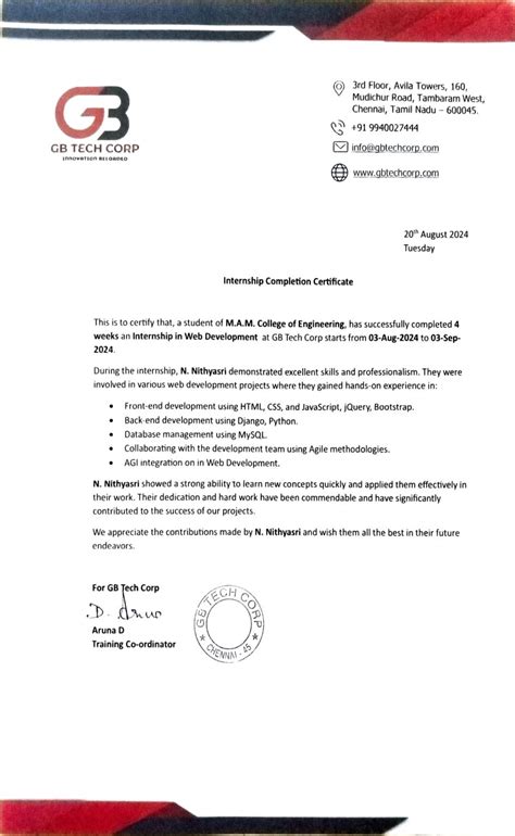 Nithya Sri Narayanan On Linkedin Internship Gbtechcorp