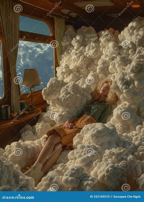Dreamlike Scene Of Woman Relaxing In A Cloudfilled Train Compartment