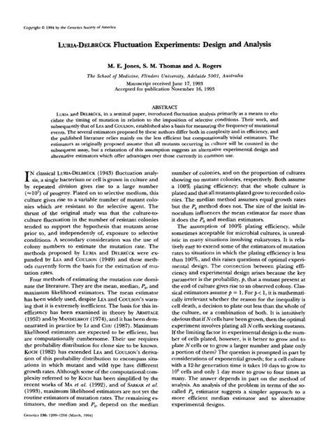 Netics Luria Delbruck Fluctuation Experiments Design And Analysis Pdf
