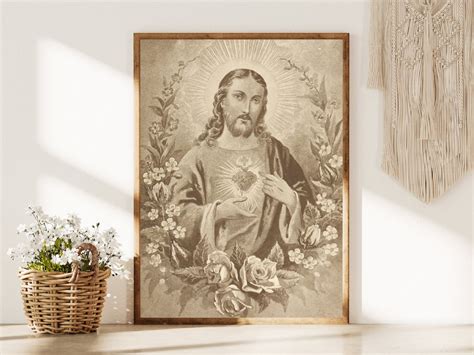 Vintage Sacred Heart Of Jesus Digital Print Printable Catholic Saint