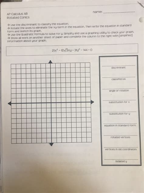 Solved Name Ap Calculus Ab Rotated Conics → Use Te