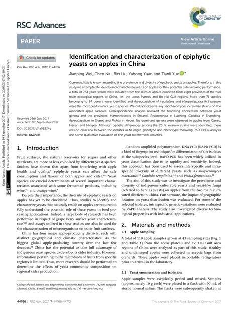 Pdf Identification And Characterization Of Epiphytic Yeasts On Apples