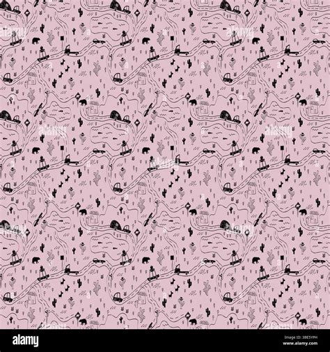 Pink And Black Repeating Map Pattern Fabric Design Featuring Wilderness
