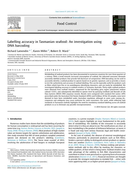 Labelling Accuracy In Tasmanian Seafood An Investigation Using Dna