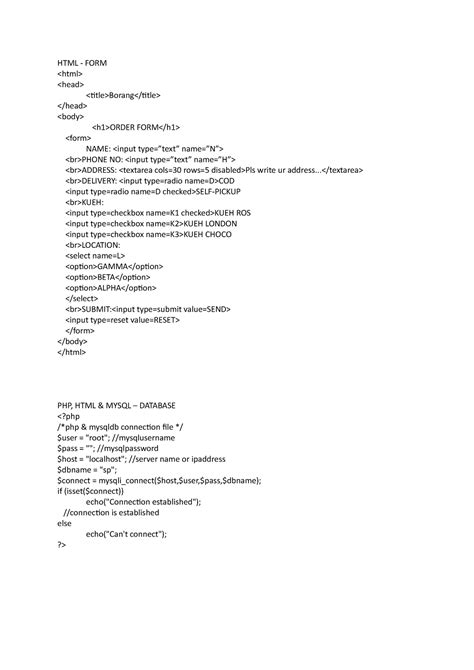 Coding Csc264 Example Using Php And Mysql Html Form Borang Order
