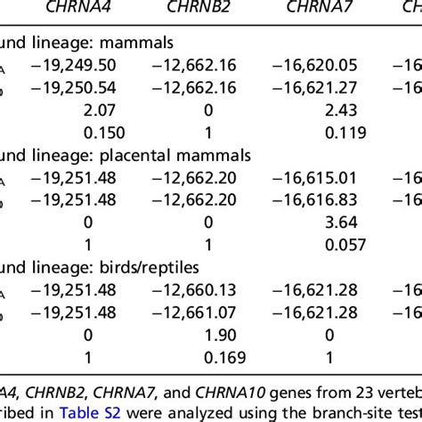 likelihood value estimates for the branch site and null hypothesis