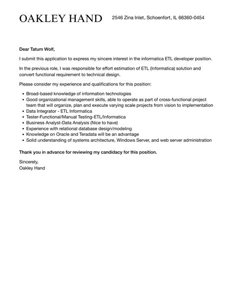 Informatica Etl Developer Cover Letter Velvet Jobs