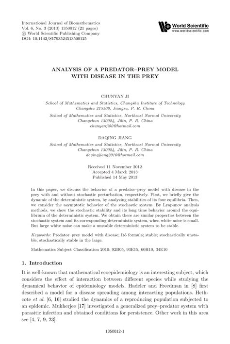 Pdf Analysis Of A Predator Prey Model With Disease In The Prey