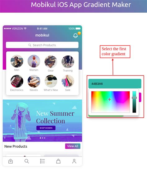 how can you choose the color code gradient for your ios application