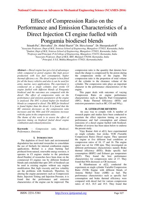 Pdf Effect Of Compression Ratio On The Performance And Emission Characteristics Of A Direct
