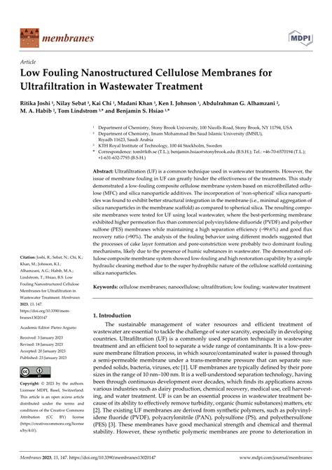 PDF Low Fouling Nanostructured Cellulose Membranes For Ultrafiltration In Wastewater Treatment