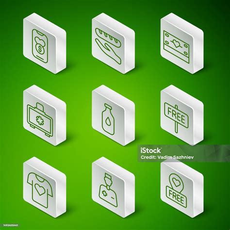 마음 남성 의사 기부 및 자선 단체 생수 구급 상자 음식 옷 기부 및 무료 사인 아이콘으로 라인 위치를 설정합니다 벡터 3차원 형태에 대한 스톡 벡터 아트 및 기타 이미지