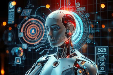 Futuristic Humanoid Robot With Glowing Elements Stands Against Digital Interface Background