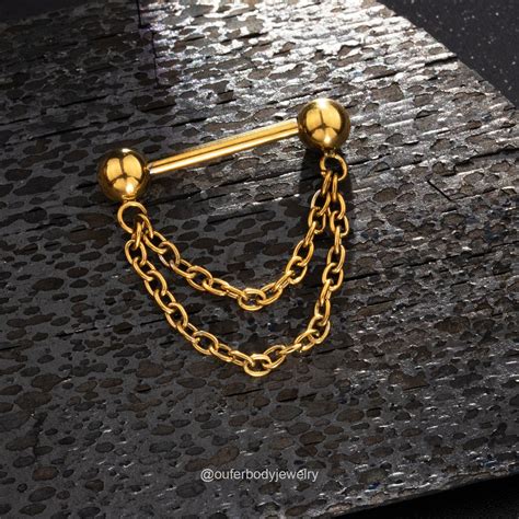 A Pair 14g Threadless Nipple Rings Nipple Chain Gold Dangle Nipple