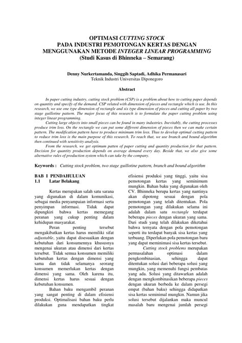 Pdf Optimasi Cutting Stock Pada Industri Pemotongan Kertas Dengan
