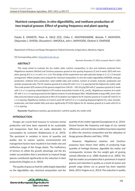 Pdf Nutrient Composition In Vitro Digestibility And Methane Production Of Two Tropical