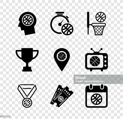 농구 농구와 함께 스톱워치 메달 게임 티켓 스포츠 캘린더 어워드 컵 및 위치 아이콘에 대한 생각을 설정합니다 벡터 1위에 대한 스톡 벡터 아트 및 기타 이미지 Istock