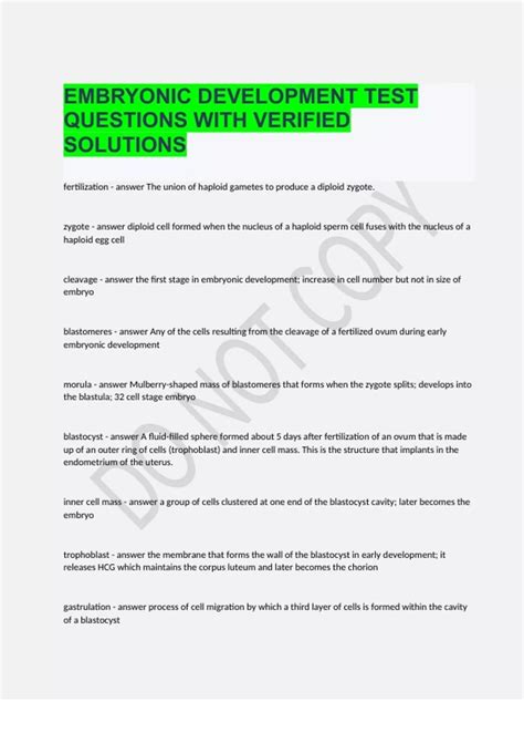 Embryonic Development Test Questions With Verified Solutions