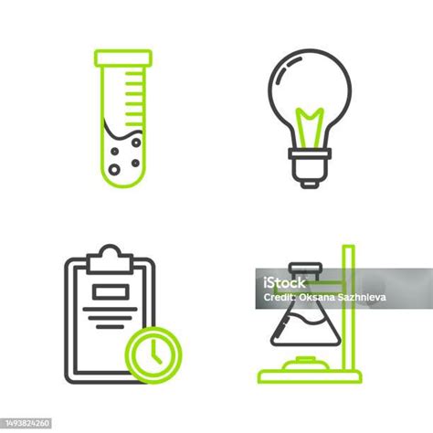 불에 선 유리 시험관 플라스크 시계가 있는 시험지 아이디어의 전구 개념 테스트 및 화학 실험실 아이콘을 설정합니다 벡터 개념에