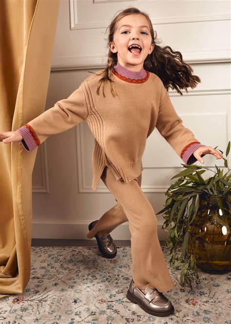Conjunto Calça Tricô Canelado Menina Camel Abel And Lula