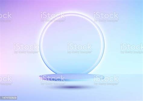3d 현실적인 파란색과 분홍색 그라데이션 빈 연단은 원형 투명 유리와 네온 조명 배경으로 공중에서 펄럭이며 최소 벽 장면 배경 강단에 대한 스톡 벡터 아트 및 기타 이미지