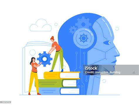 사이보그 및 기계 교육 프로세스 거대한 로봇 헤드에서 코그휠을 가진 작은 엔지니어 캐릭터 인공지능 엔지니어에 대한 스톡 벡터