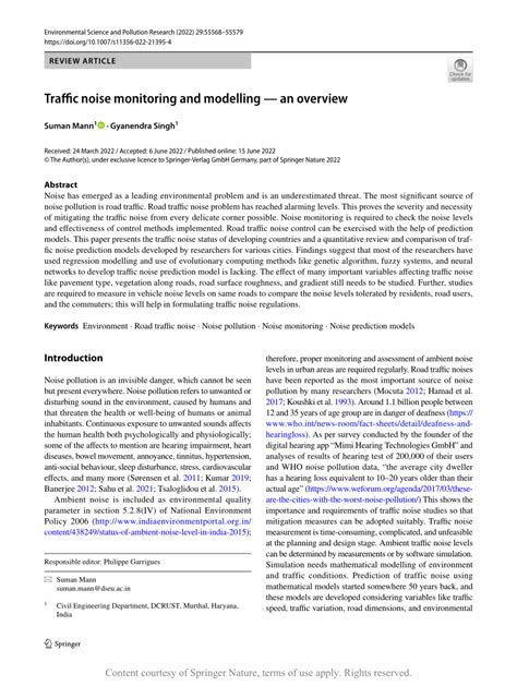 Traffic Noise Monitoring And Modelling — An Overview Request Pdf