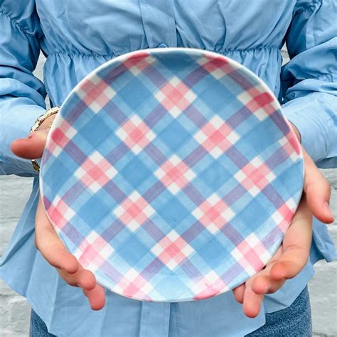 Side Plate Pink And Cornflower Blue Gingham Noss Ceramics Green