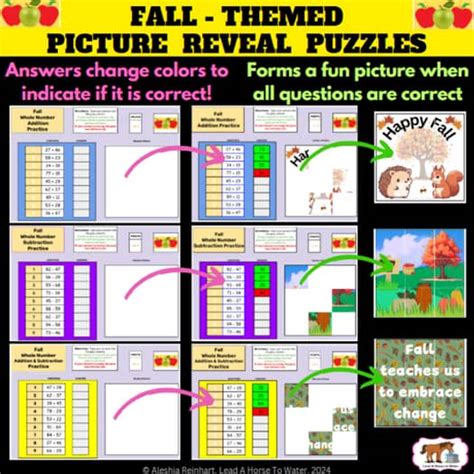 Add Subtract Multiply Divide Large Whole Numbers 6 Fall Themed Picture