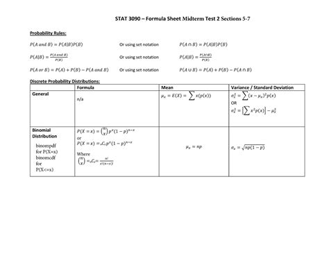 Formula Sheet Midterm Sections STAT Formula Sheet Midterm Test Sections