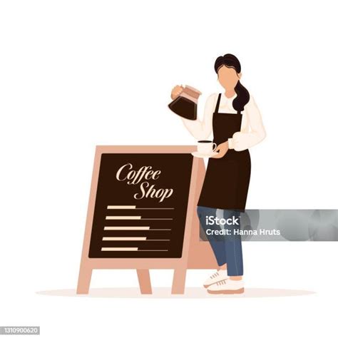 플랫 캐릭터 커피 숍 바리스타 벡터 일러스트 플랫 디자인 벡터 인포그래픽 일러스트레이션입니다 만화 남성 바리스타 또는 웨이터