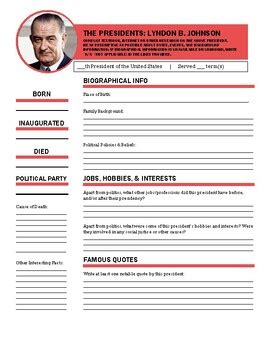 The Presidents Lyndon B Johnson Biography Worksheet Tpt