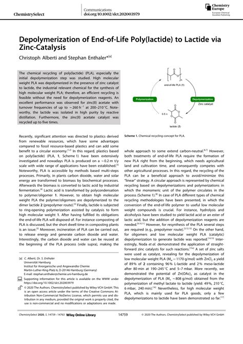 Pdf Depolymerization Of End‐of‐life Polylactide To Lactide Via Zinc‐catalysis