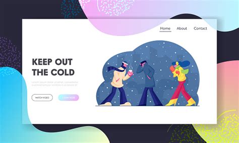 겨울 시즌 웹 사이트 방문 페이지 도시 경관 배경 웹 페이지 배너에 눈과 바람과 추운 날씨에 거리를 걷는 따뜻한 옷을 입은