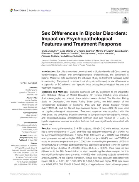 Pdf Sex Differences In Bipolar Disorders Impact On