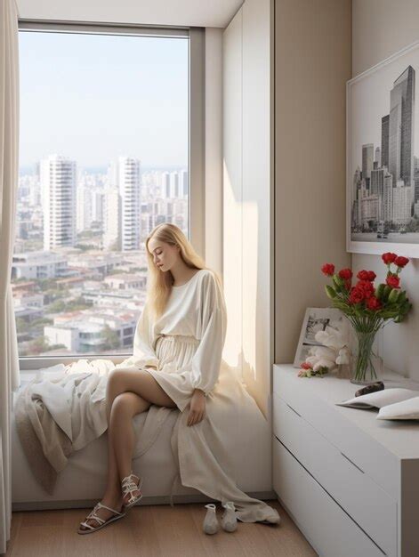 Premium Ai Image There Is A Woman Sitting On A Bed In A Room With A