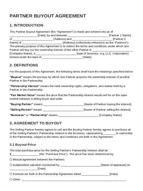 Partner Buyout Agreement Template Form Fill Online Printable