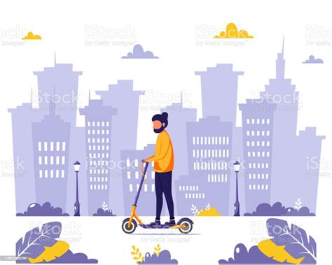 전기 킥 스쿠터를 타고 남자 에코 전송 개념 플랫 스타일로 벡터 그림 모던 양식에 대한 스톡 벡터 아트 및 기타 이미지 모던