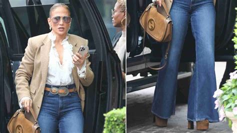 Jennifer Lopez Wears Flared Jeans With Platform Boots For Autumn 2025