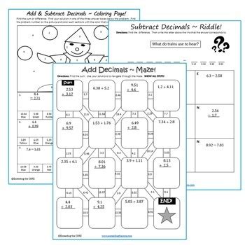 ADD AND SUBTRACT DECIMALS Maze Riddle Coloring Page Fun MATH Activities